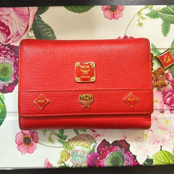 MCM | Bags | Mcm Red Trifold Wallet | Poshmark